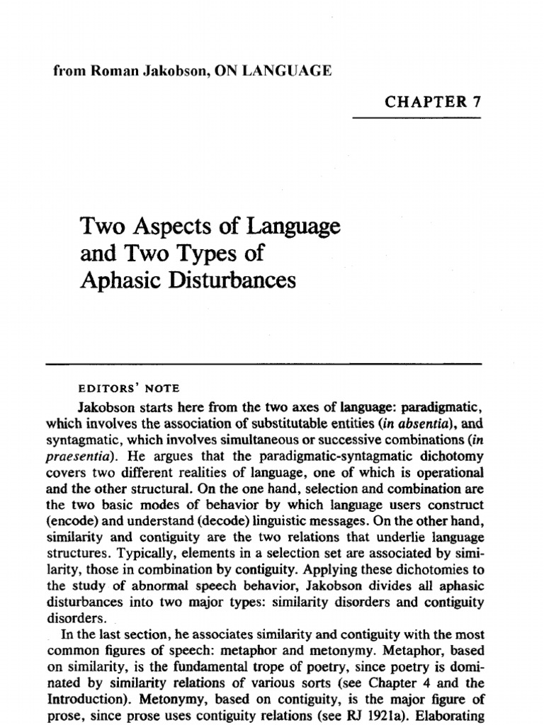 Roman Jakobson - Two Aspects of Language and Two Types of Aphasic ...