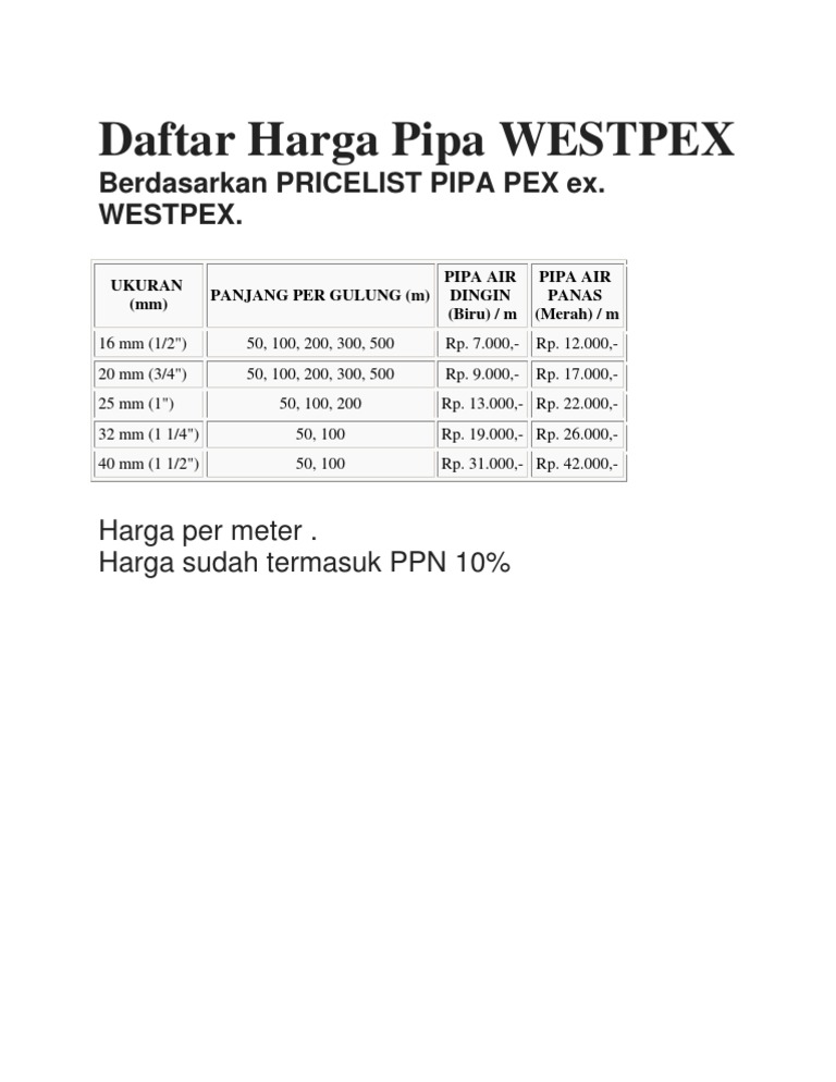 Daftar Harga Pipa WESTPEX | PDF | Sains & Matematika