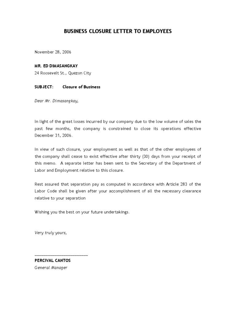 Business Closure Letter To Employees | PDF