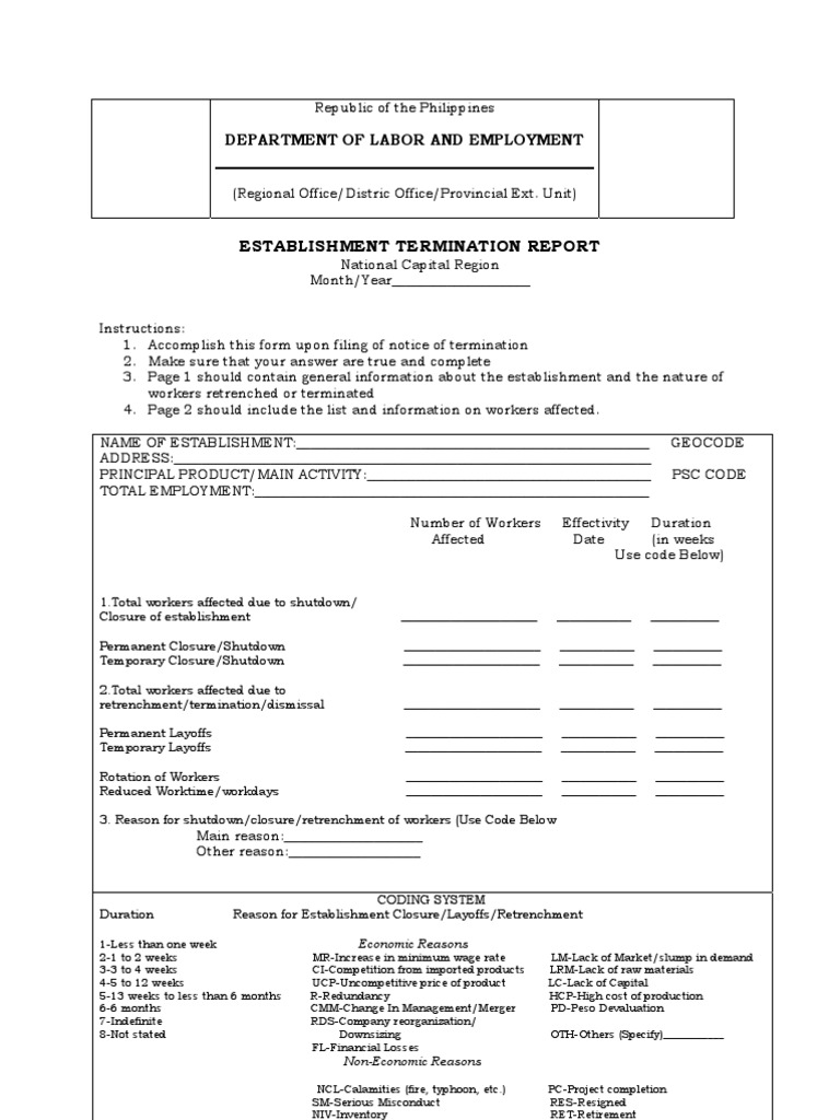 Establishment Termination Report Form | PDF | Layoff | Unemployment ...