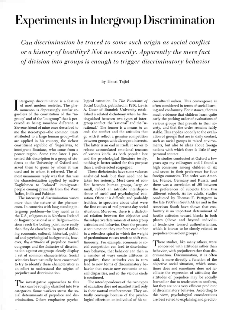 Tajfel 1970 Experiments in Intergroup Discrimination | PDF | Prejudices ...