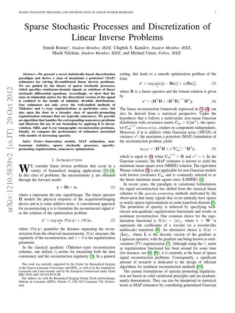 Sparse Stochastic Processes and Discretization of Linear Inverse Problems | PDF | Mathematical ...