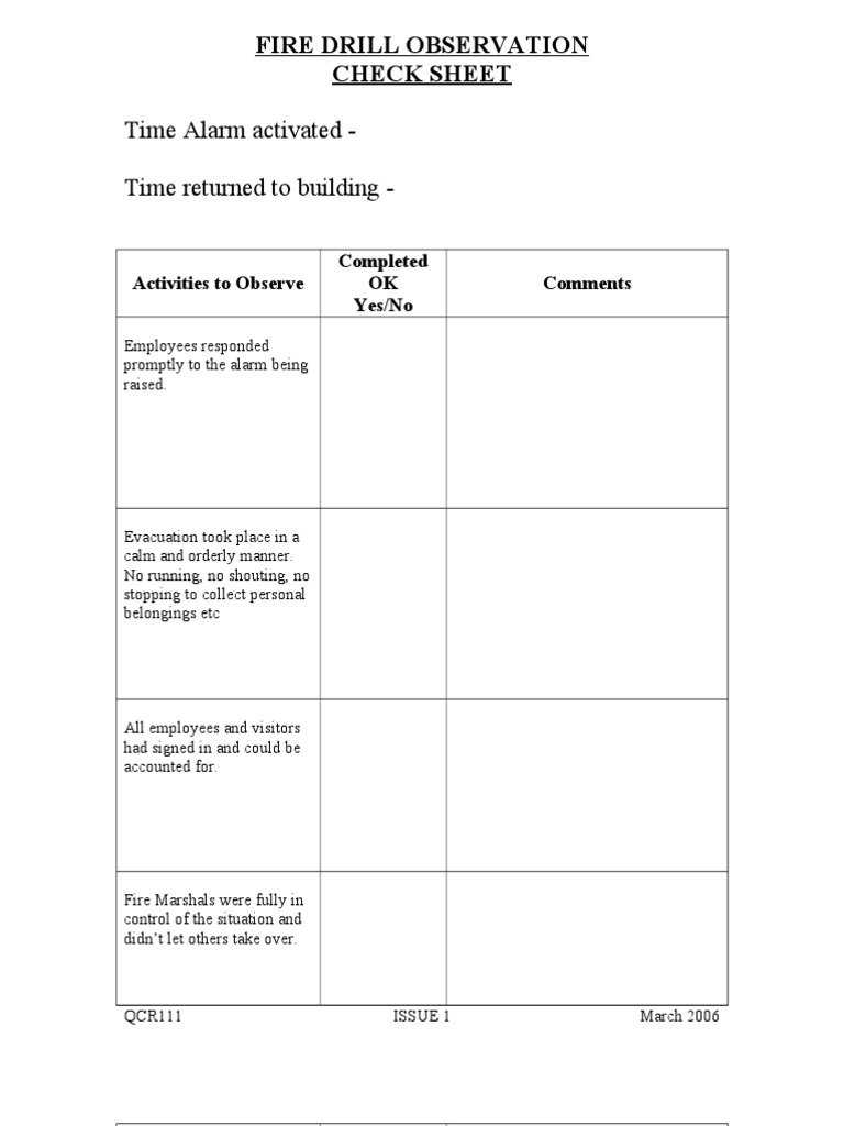 Fire Drill Observation Checklist | PDF