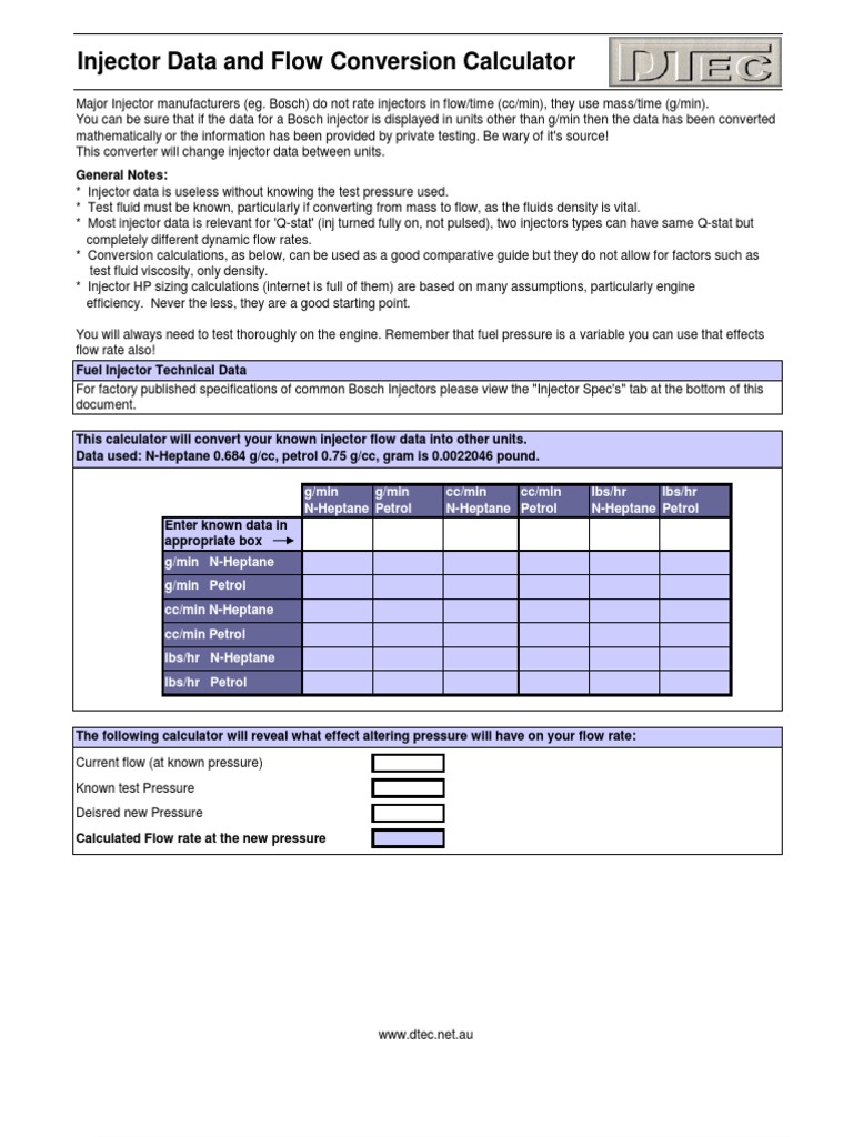 Injectors Calc Flow Data | PDF | Fuel Injection | Flow Measurement