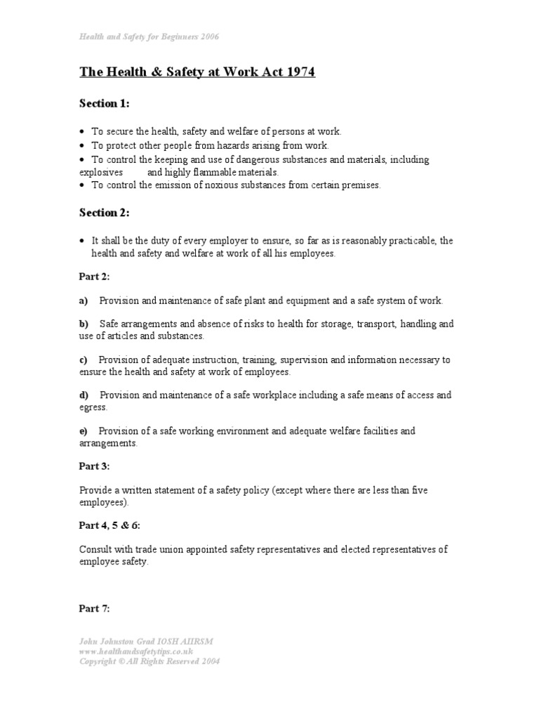 HSWA Main Sections Summary For NEBOSH Certificate | PDF | Occupational ...