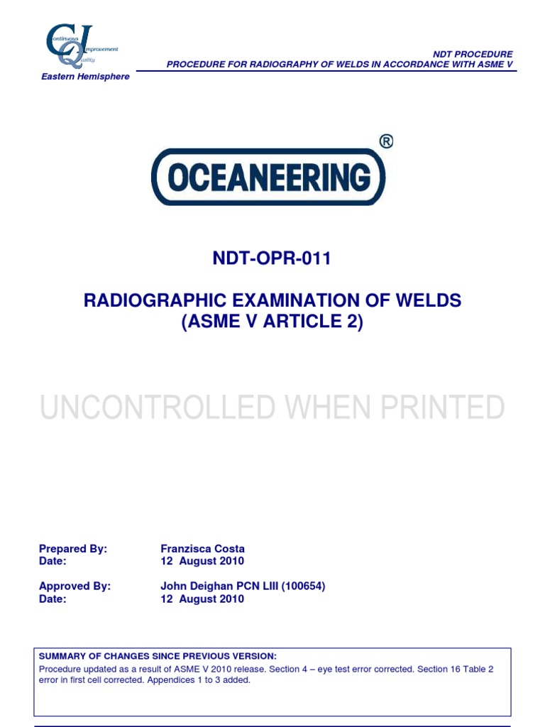 NDT-OPR-011-31 Rad of Welds ASME V Article 2 | PDF | Nondestructive ...