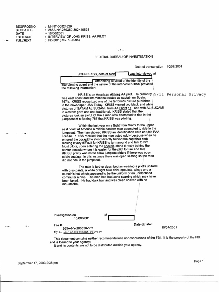 T7 B17 FBI 302s of Interest - Hijackers FDR - Entire Contents | PDF ...