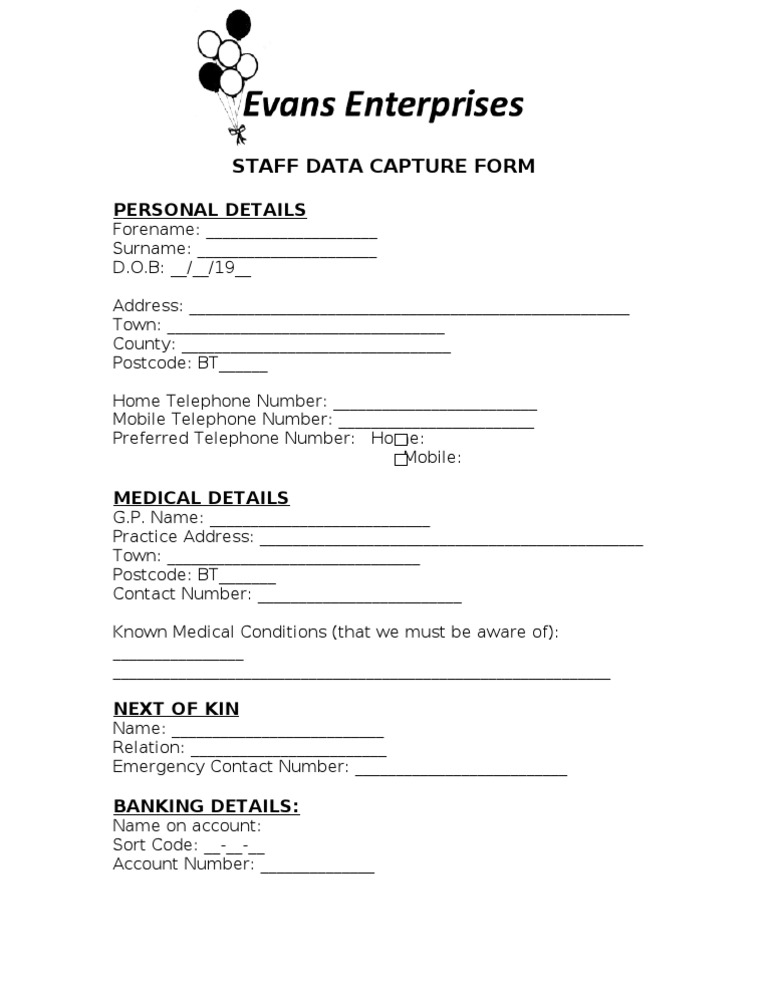 Staff Data Capture Form: Personal Details | PDF