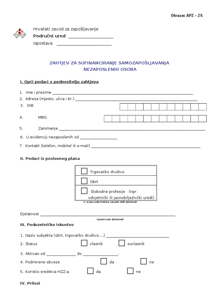 1 Obrazac Zahtjeva Za Samozaposljavanje APZ-ZS | PDF