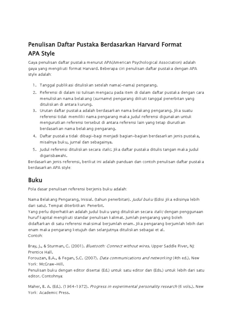 Penulisan Daftar Pustaka Berdasarkan Harvard Format APA | PDF