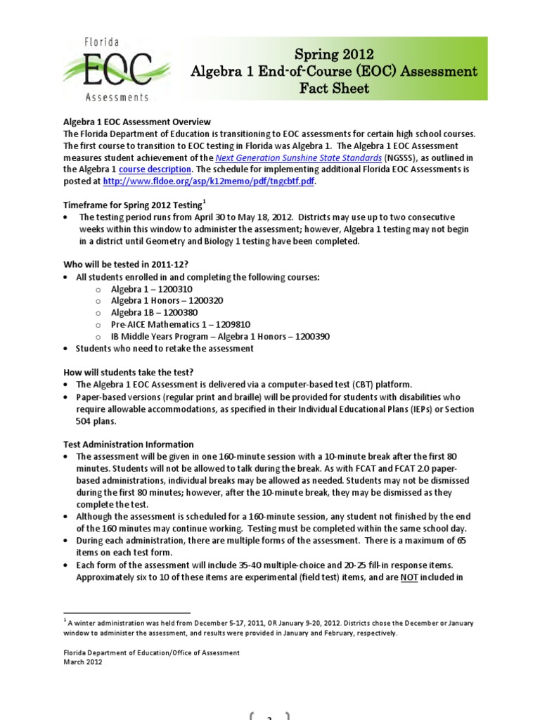 Spring 2012 Algebra 1 End-of-Course (EOC) Assessment Fact Sheet | PDF ...