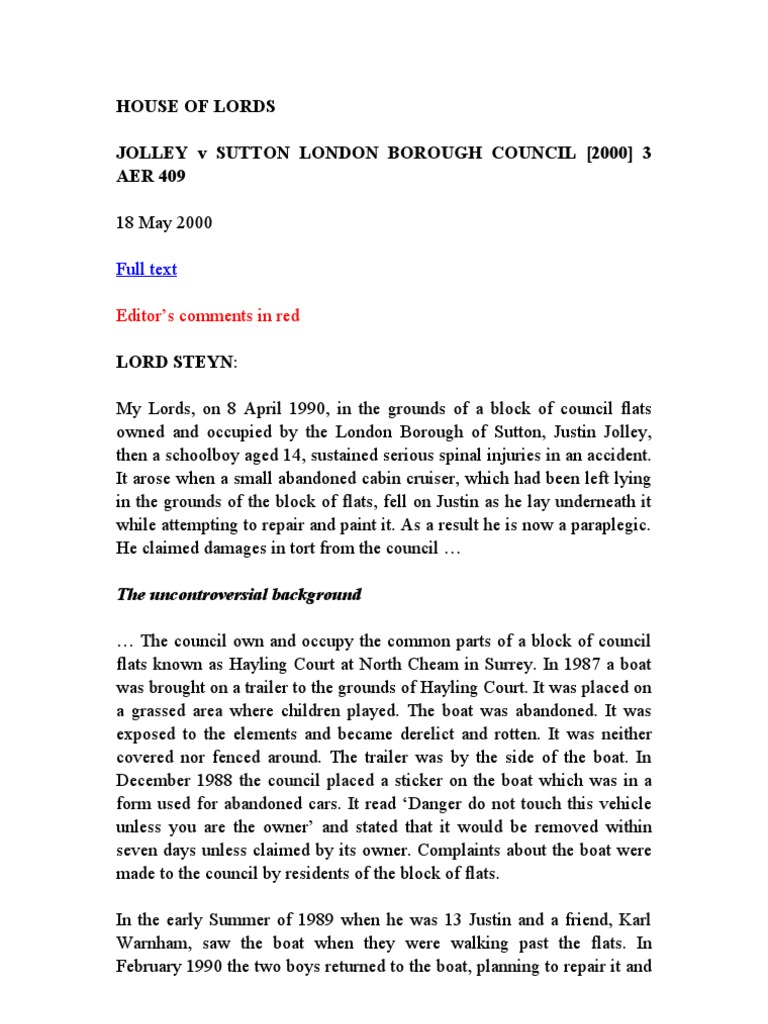 Jolley V Sutton LBC (2000) 3 Aer 409 - HL | PDF | Private Law | Legal ...