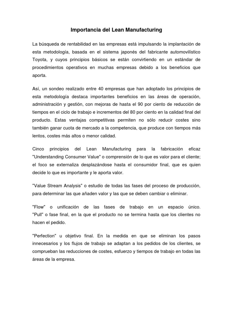Importancia Del Lean Manufacturing | Descargar gratis PDF | Lean Manufacturing | Calidad (comercial)