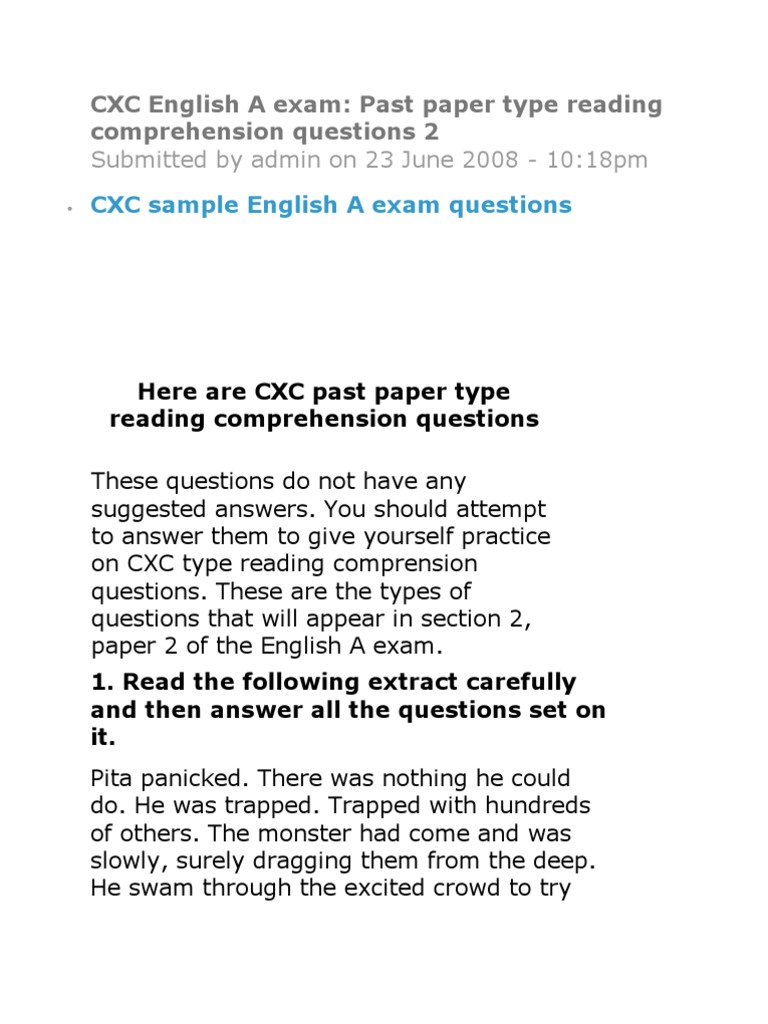 Csec English A Paper 2 Comprehension Questions | PDF | Adults | Childhood