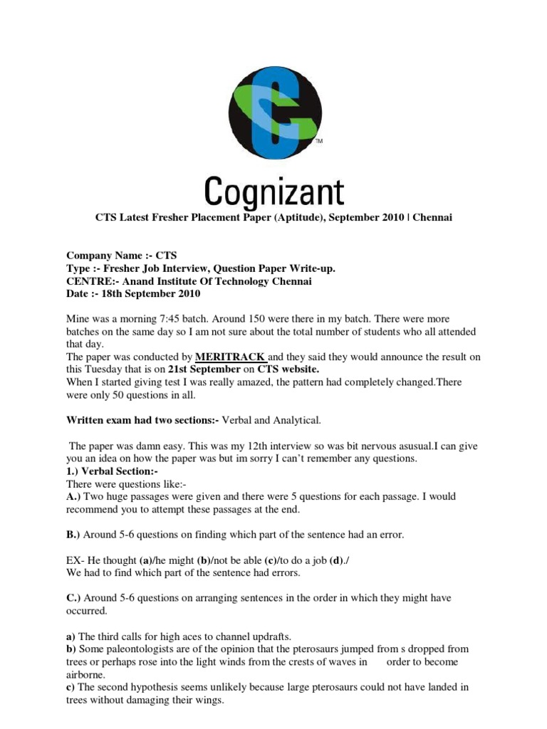 CTS Placement Paper 2 | PDF