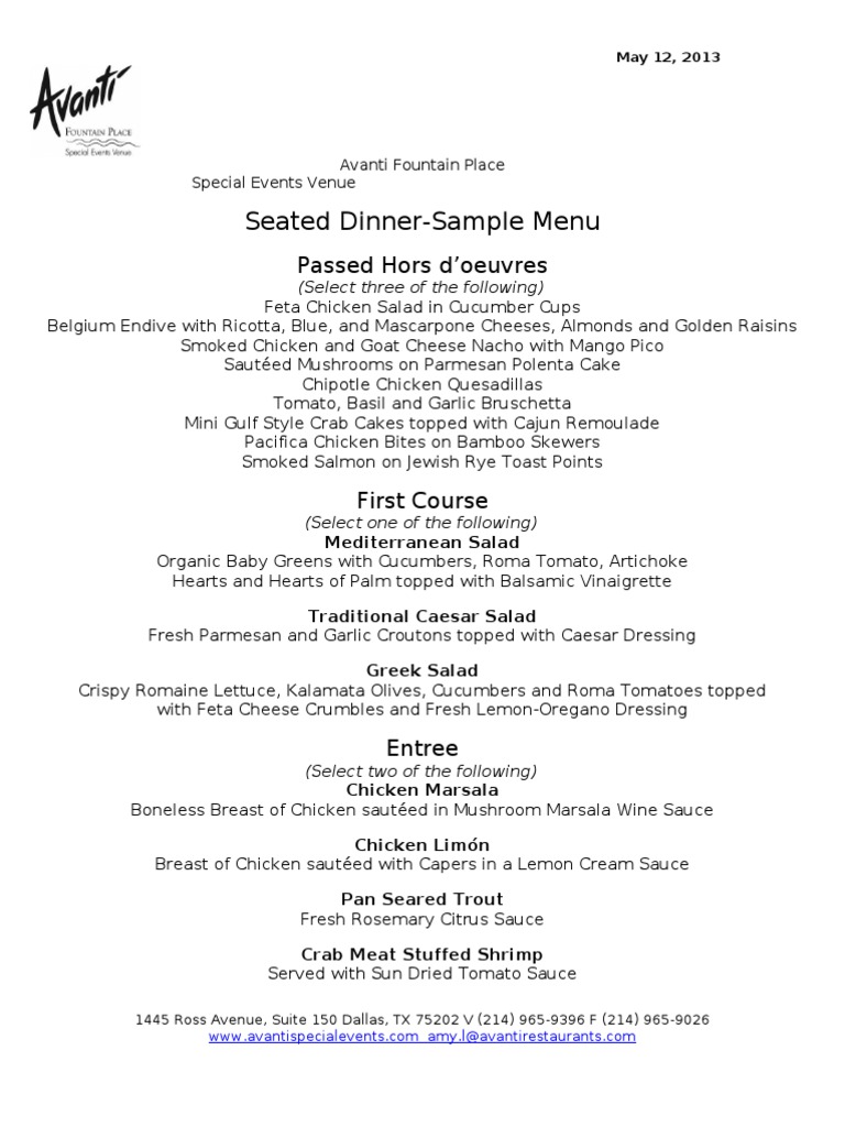 F. Avanti-Seated Dinner Options 2012 | PDF | Salad | Western Cuisine