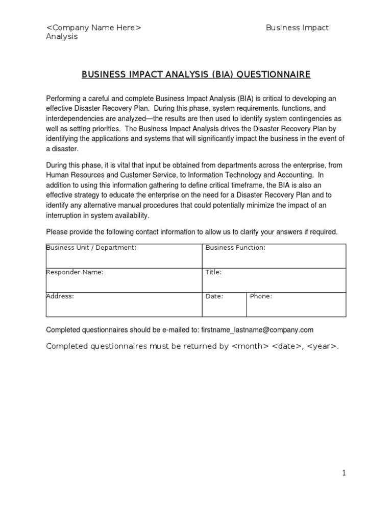 Business Impact Analysis Questionnaire | PDF | Backup | Business Process