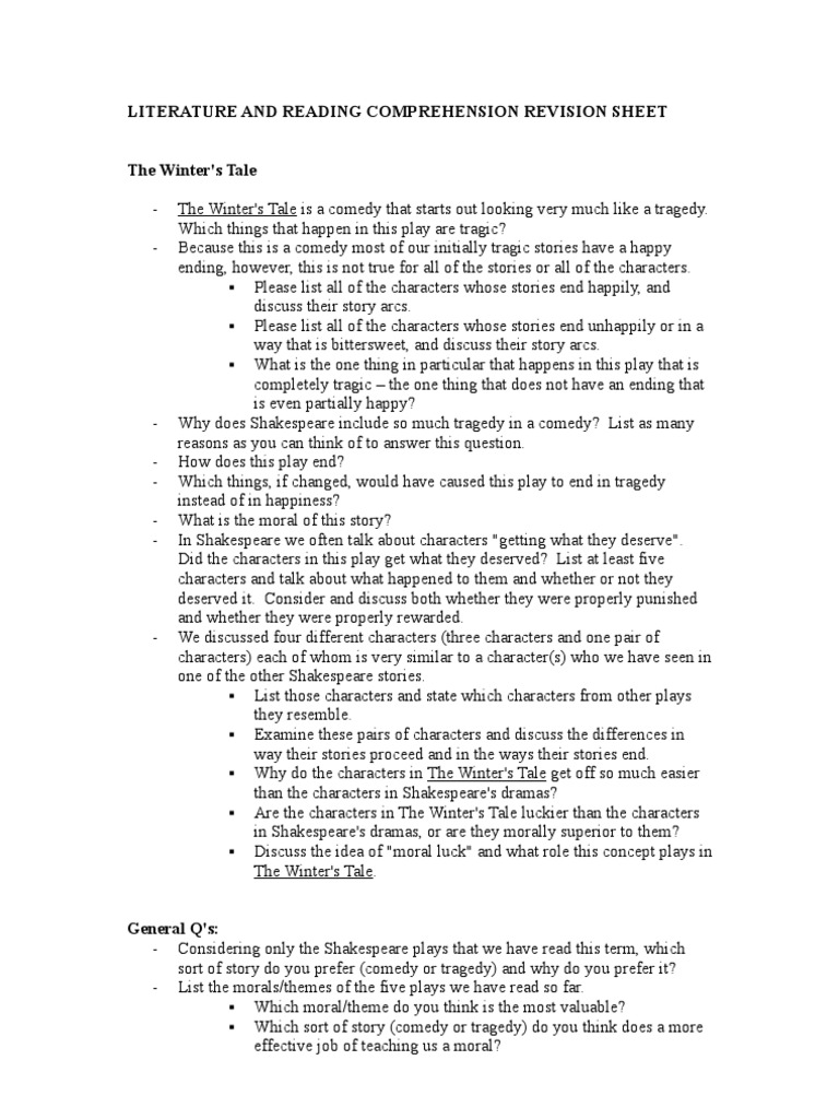 Literature and Reading Comprehension Revision Sheet | PDF | Verb | Noun