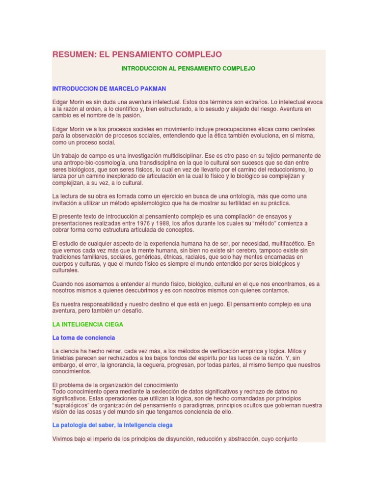 Resumen de Introduccion Al Pensamiento Complejo | PDF | Paradigma | Complejidad