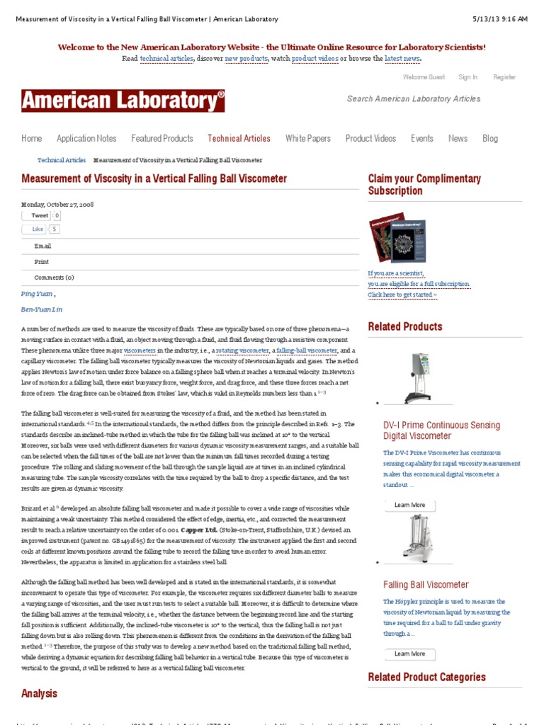 Falling Sphere Experiment | PDF | Viscosity | Drag (Physics)