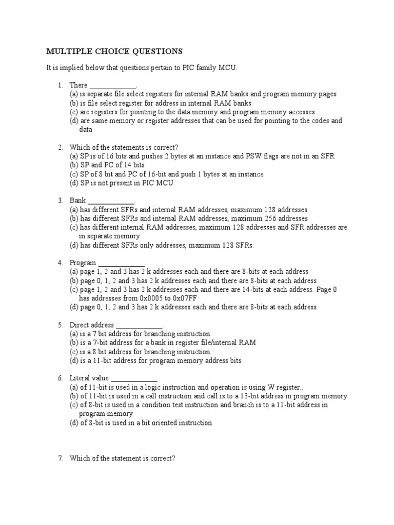 Multiple Choice Questions | PDF | Pic Microcontroller | Microcontroller
