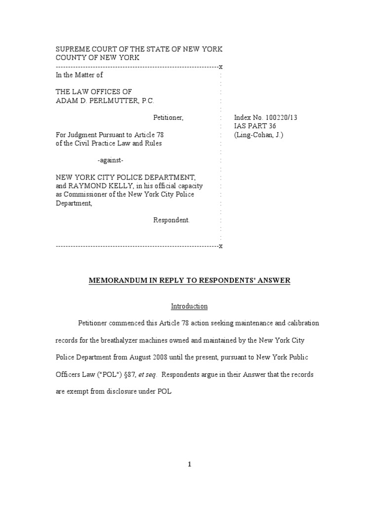 Reply to the NYPD's Article 78 Answer | Discovery (Law) | Police