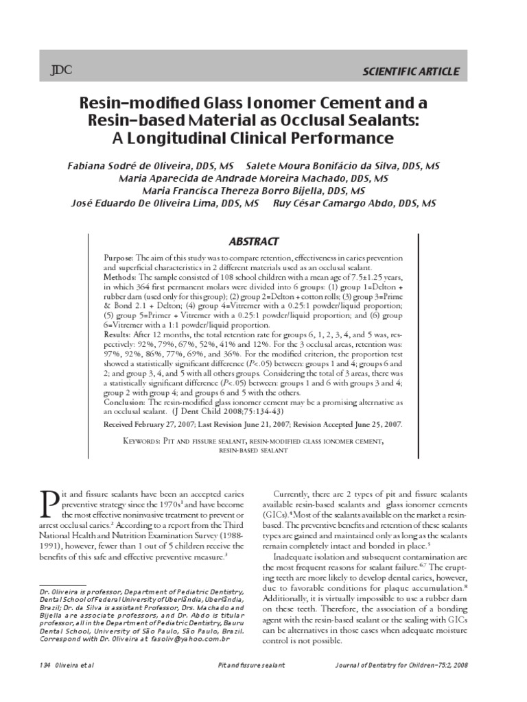 Resin-Modified Glass Ionomer Cement and A Resin-Based Material As Occlusal Sealants | PDF ...