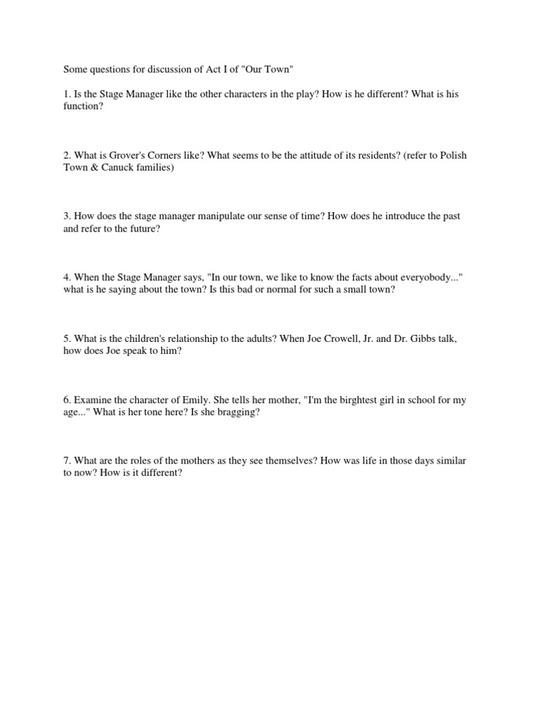 Our Town Act I Discussion Questions | PDF | Leisure