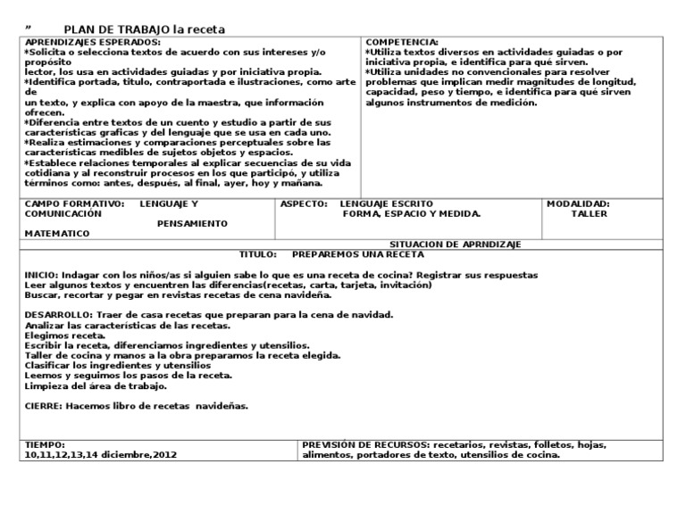 Plan de Trabajo: Taller de Recetas para Niños | PDF | Crecimiento ...