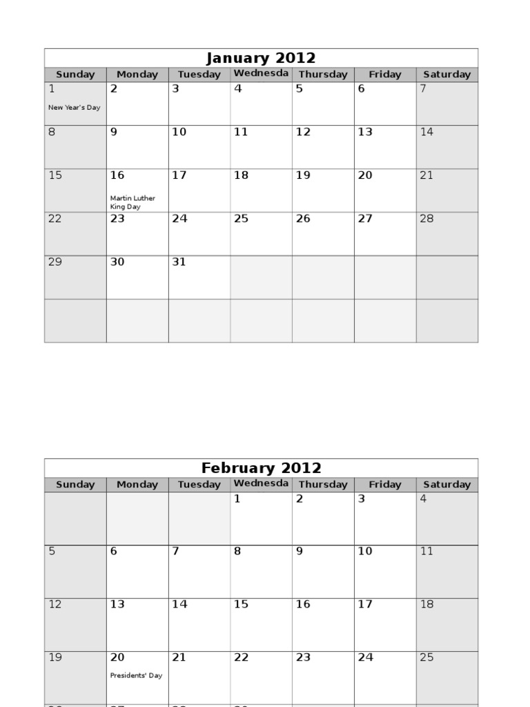 2012 Monthly Calendar with Holidays | PDF | Science & Mathematics