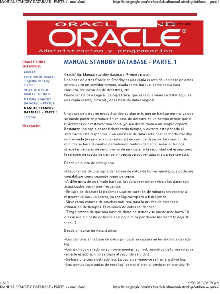 Manual Standby Database - Parte1 | PDF | Apoyo | Base de datos Oracle