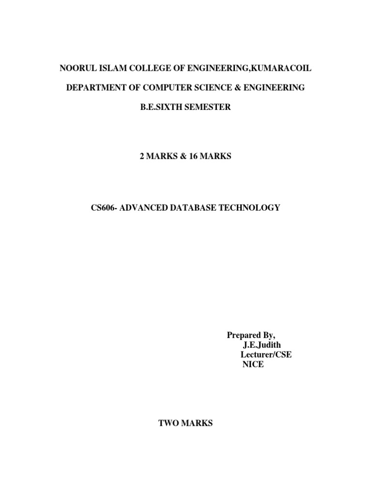 Advanced Database Technology: Two Marks Questions Covering Entity Relationship Modeling ...