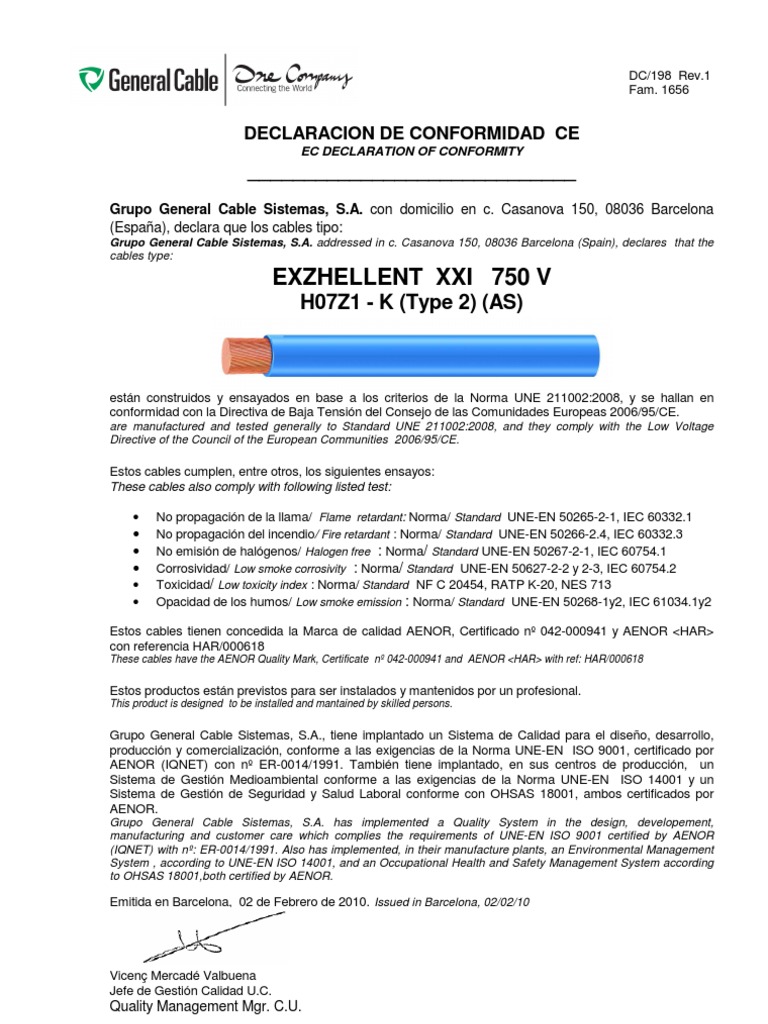 H07Z1-K EXZHELLENT XXI 750V Declaraci N Conformidad PDF | PDF | La seguridad | Evaluación