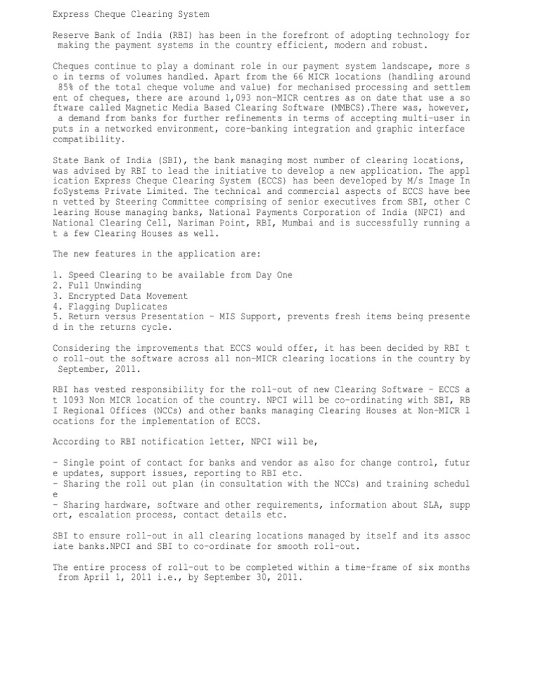 Express Cheque Clearing System | PDF | Cheque | Reserve Bank Of India