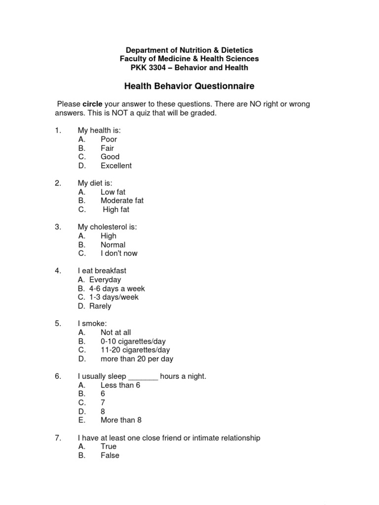 01-Health Behavior Questionnaire | PDF | Drink | Determinants Of Health
