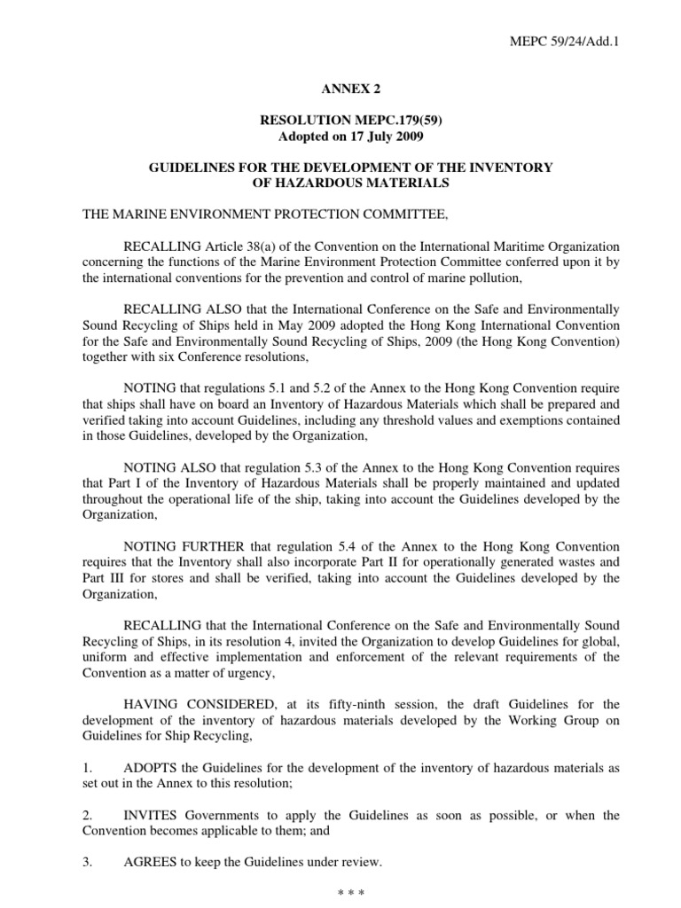 Annex 2 RESOLUTION MEPC.179 (59) Adopted On 17 July 2009 Guidelines For The Development of The ...