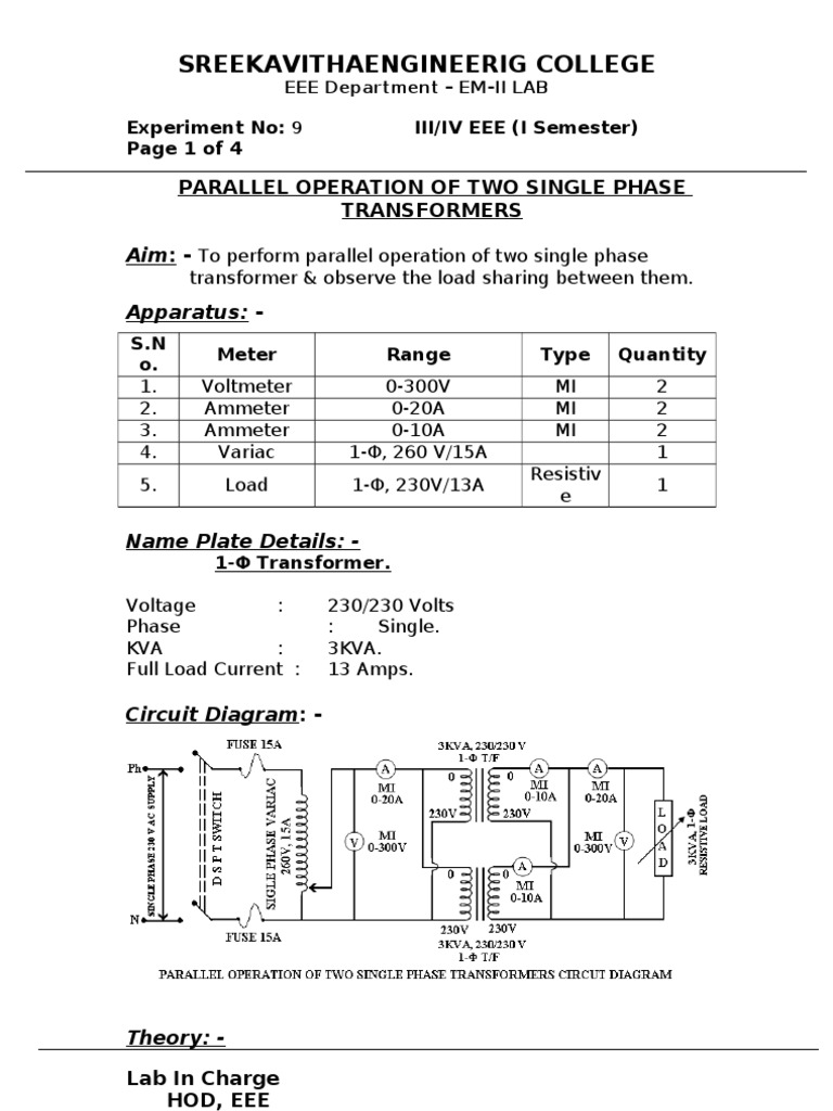 Parallel Operation of Single Phase Transformers | PDF | Transformer ...
