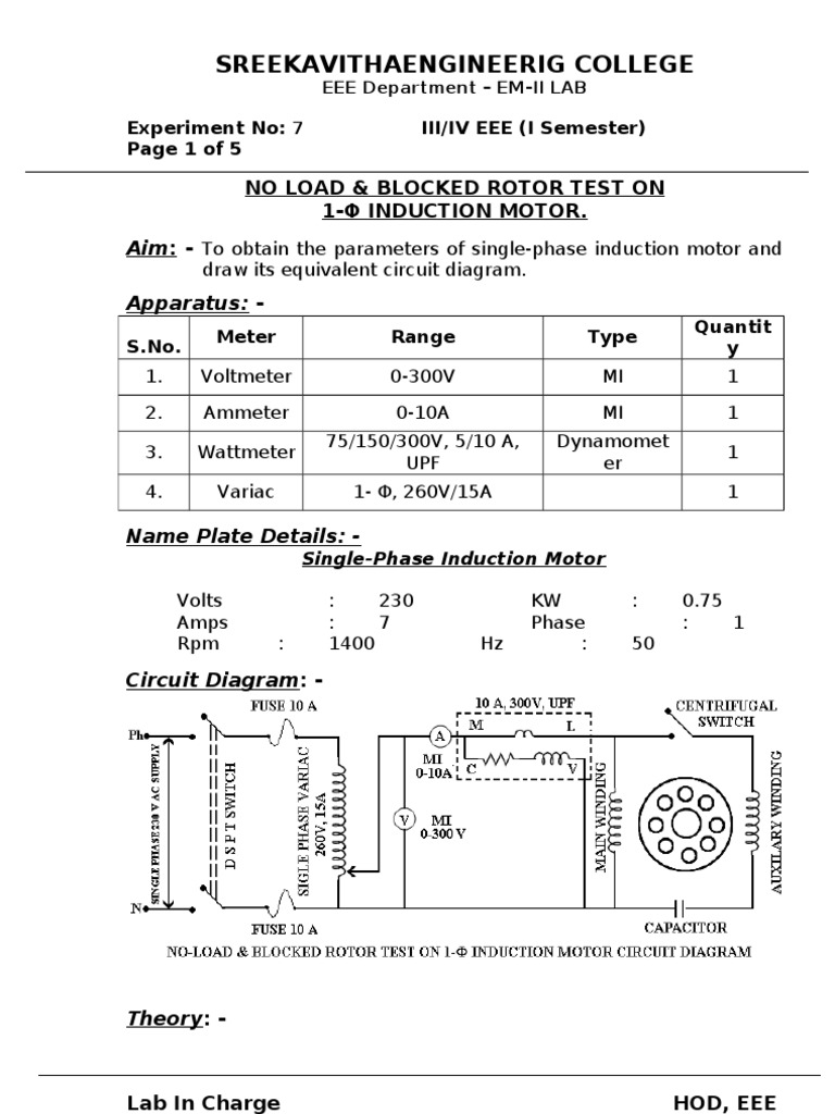 7.noload and Blocked Rotor Test On Singlephase Induction Motor | PDF ...