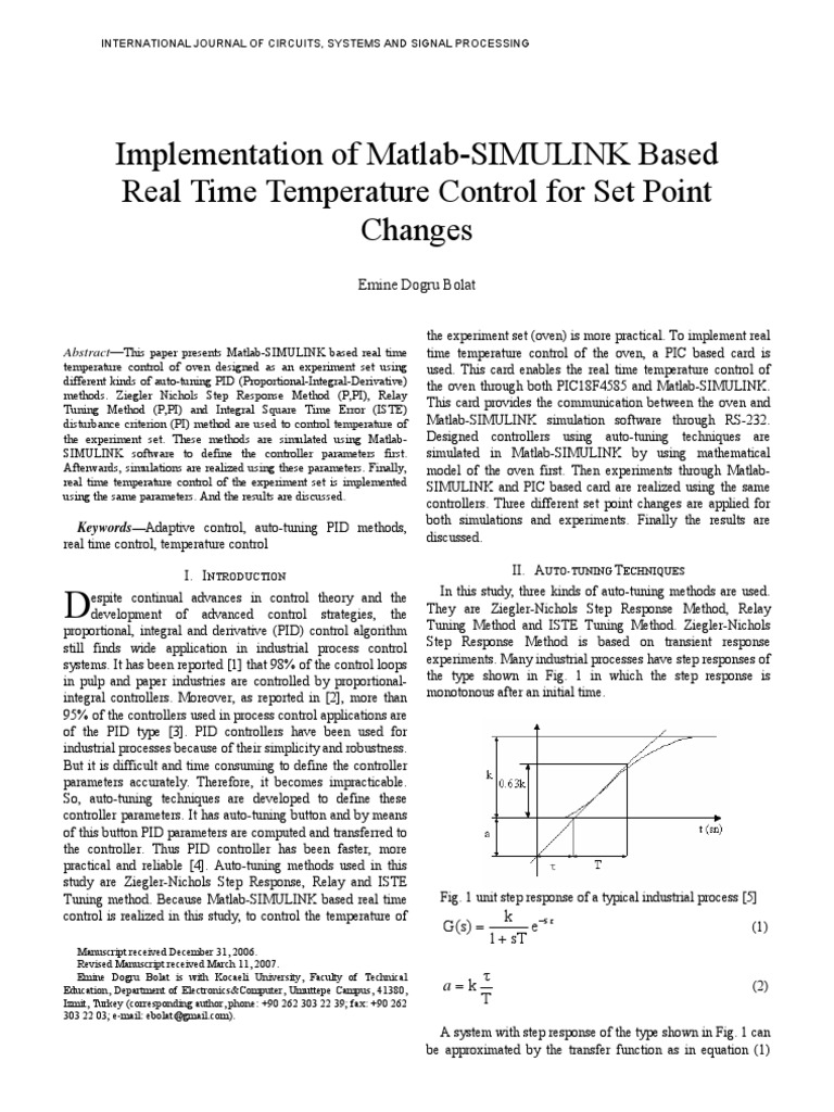 Implementation of Matlab-SIMULINK Based Real Time Temperature Control For Set Point Changes ...