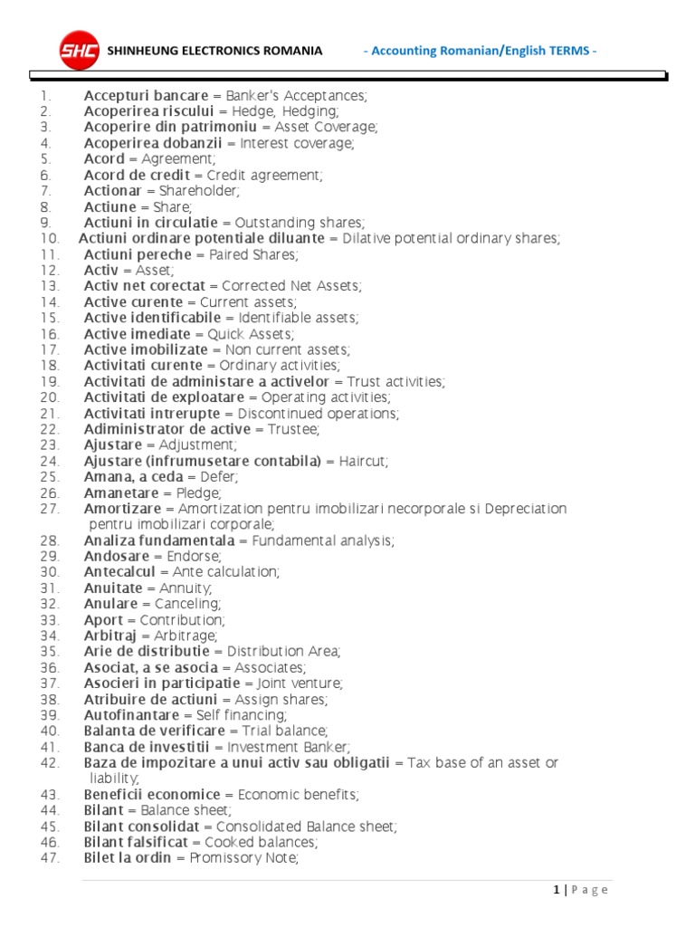 Romanian-English Accounting Terms Guide | PDF | Balance Sheet | Debits ...