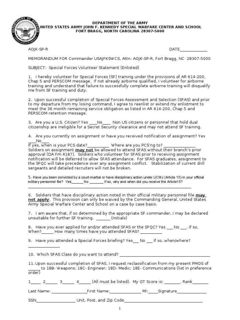 SFAS Volunteer Statement Enlisted | Military | Military Of The United ...