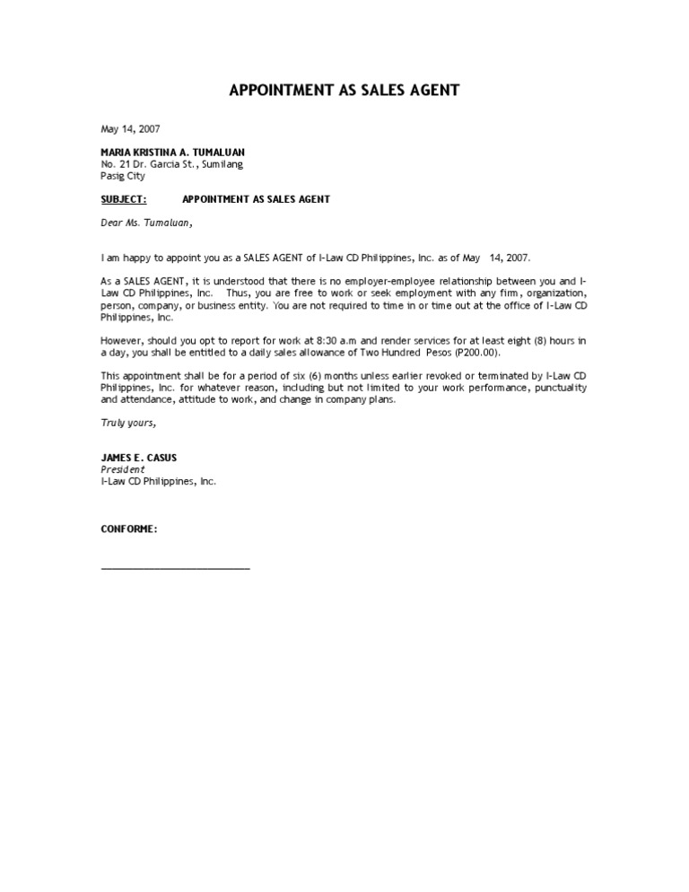Sales Agent Appointment Letter | PDF | Business