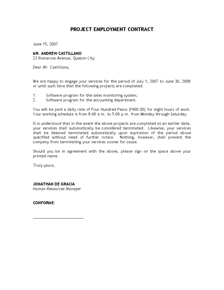 Project Employment Contract | PDF | Labor | Private Law