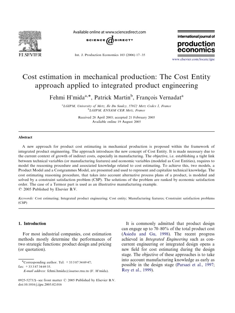 Cost Estimation in Mechanical Production The Cost Entity Approach ...