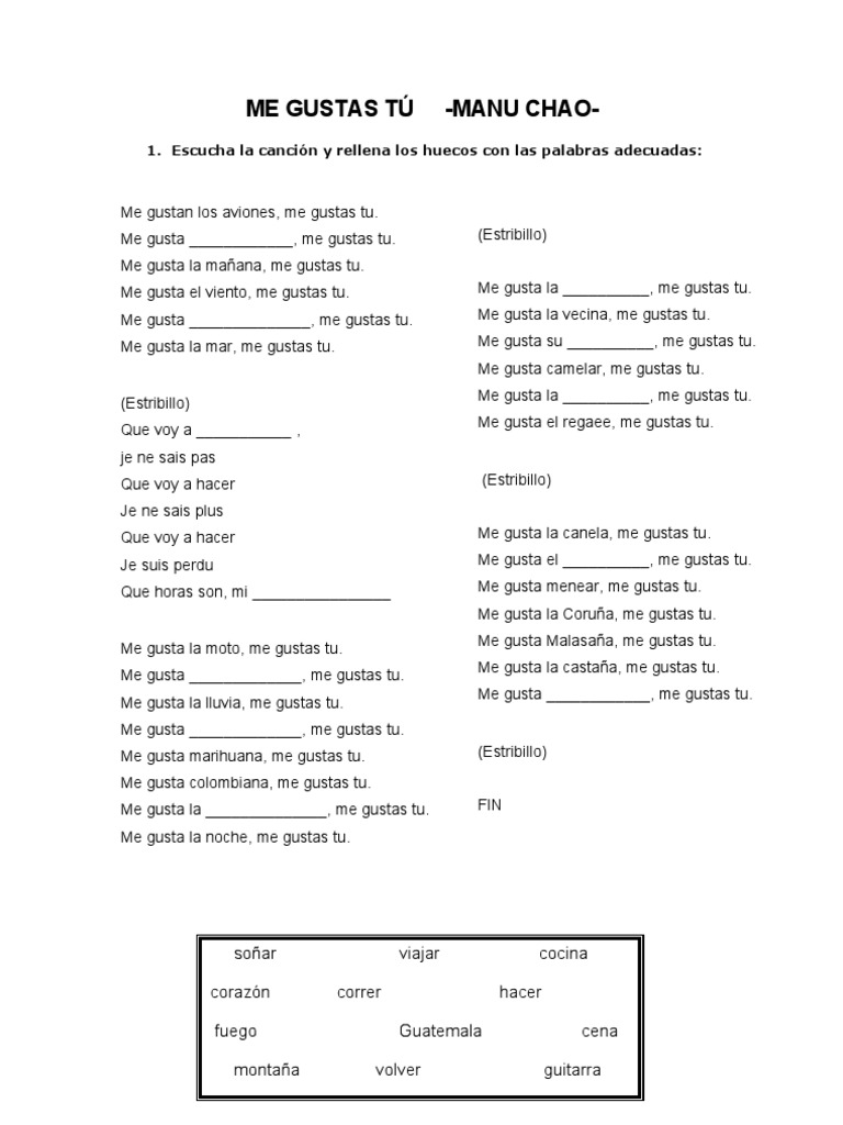Letra y Actividades: Me Gustas Tú | PDF | Ocio