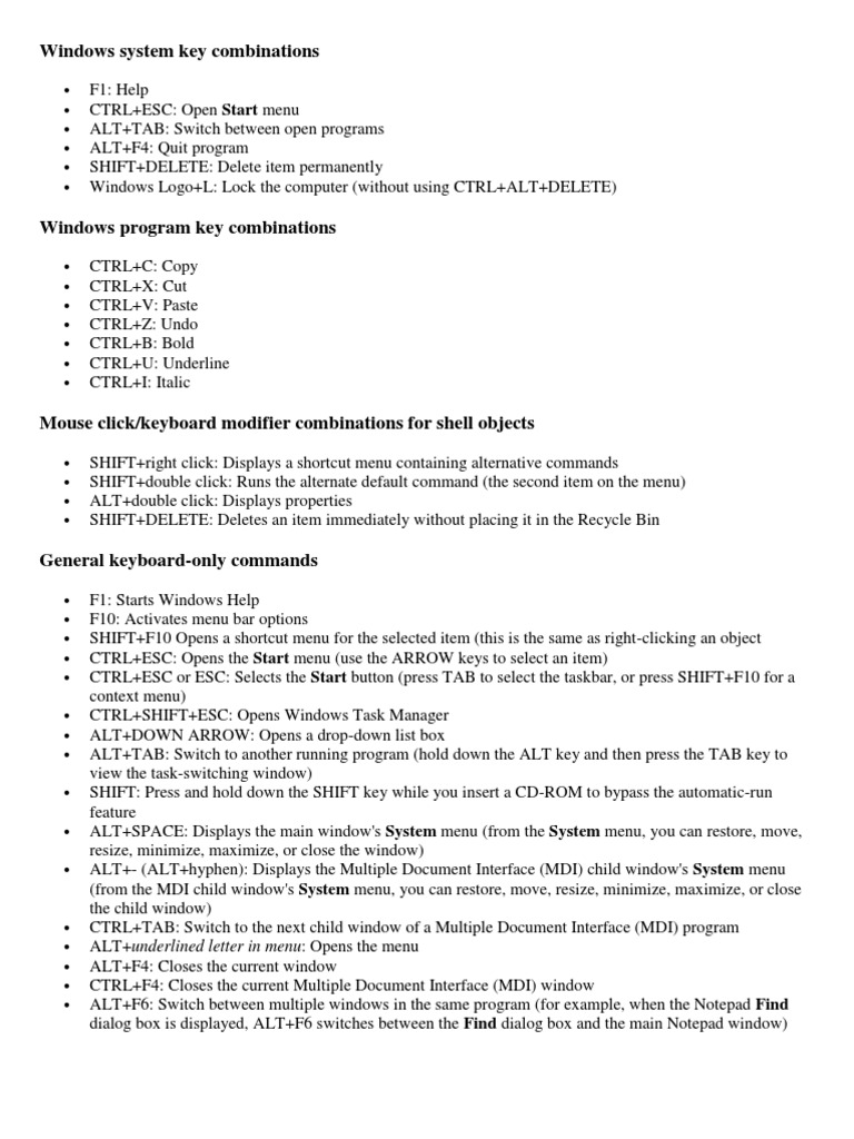 Windows System Key Combinations | PDF | Keyboard Shortcut | Computer Keyboard