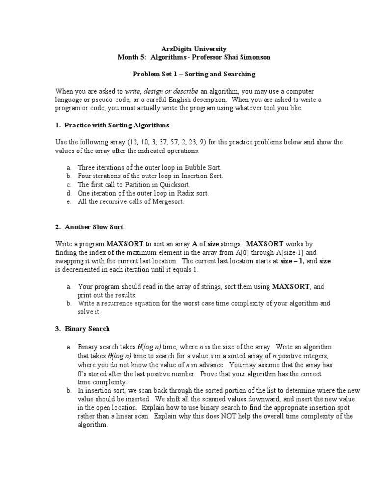 Arsdigita University Month 5: Algorithms - Professor Shai Simonson Problem Set 1 - Sorting and ...
