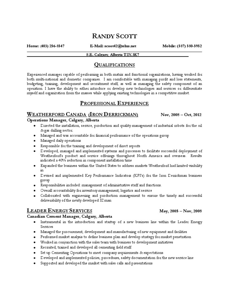 Customer Service Operations Manager in Calgary AB Canada Resume Randy ...