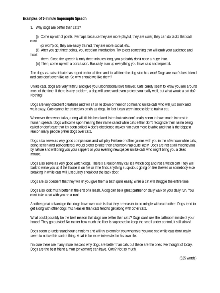 Samples of 3-Minute Impromptu Speech | PDF | Cats | Dogs