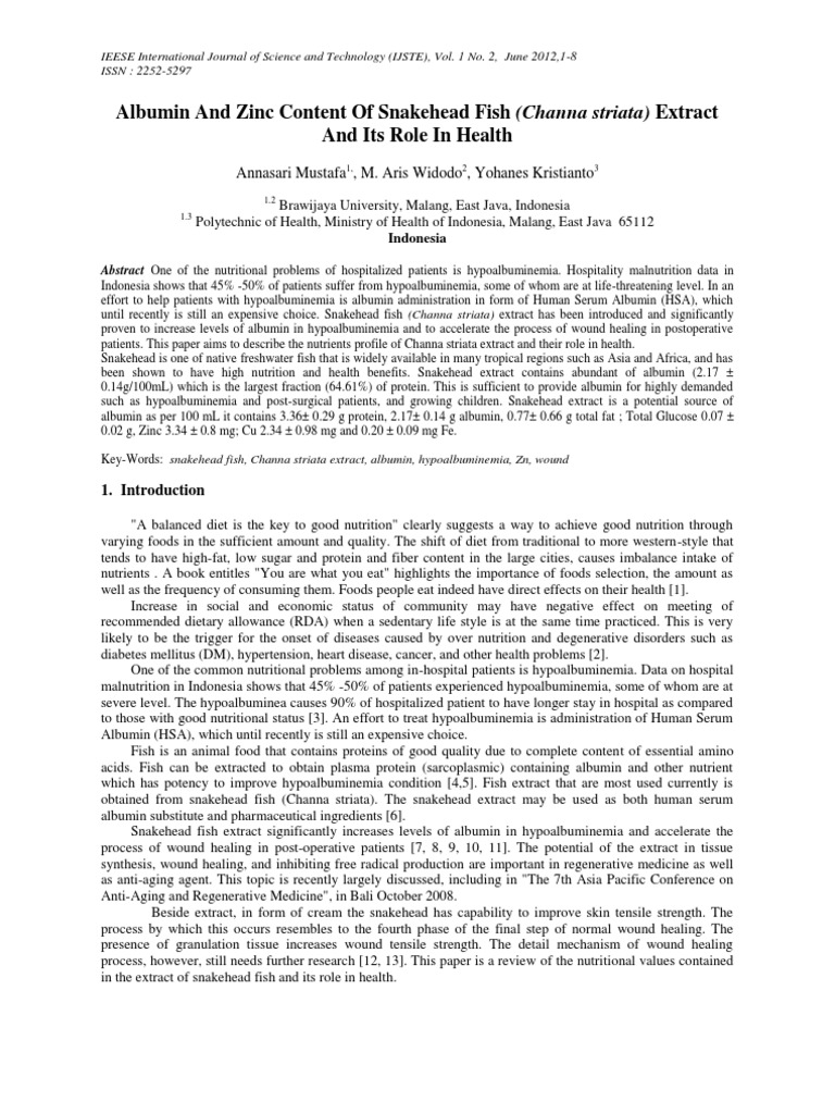 Albumin and Zinc Content of Snakehead Fish (Channa Striata) Extract and ...